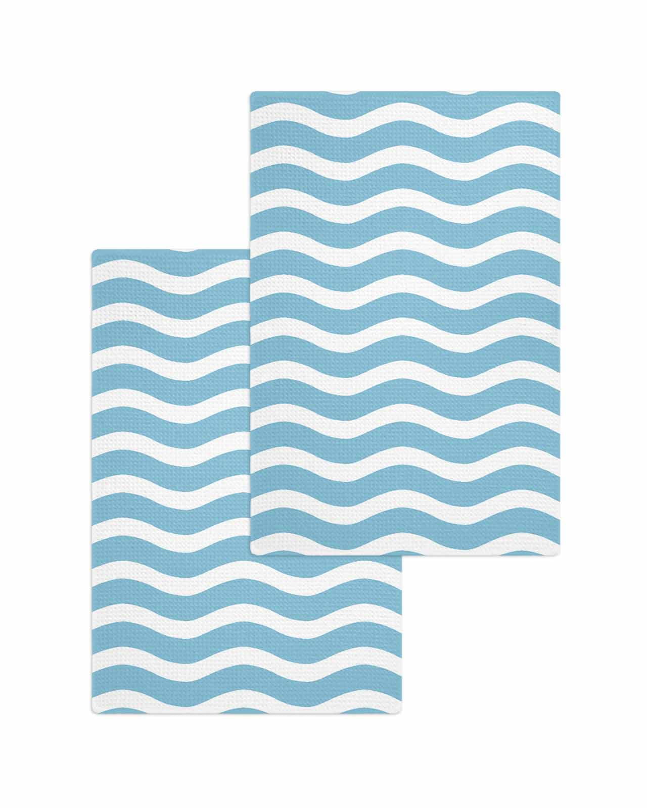 Blue White Kitchen Dish Towels for Drying Dishes Set of 2, Modern Abstract Waves Water Ripple ...