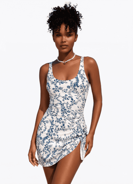 Blue White Leaf Print Cover Up Dress Sleeveless Side Tie Beach Dress ...