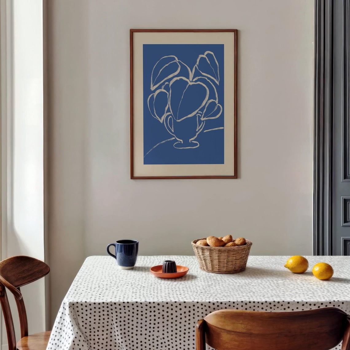 Blue White Line Drawing Flower Poster Abstract Botanical Wall Art, 8x12 ...