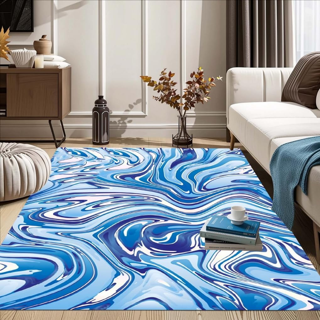 Blue White Liquid Designer Marble Swirl Modern Abstract Unique Rug For ...