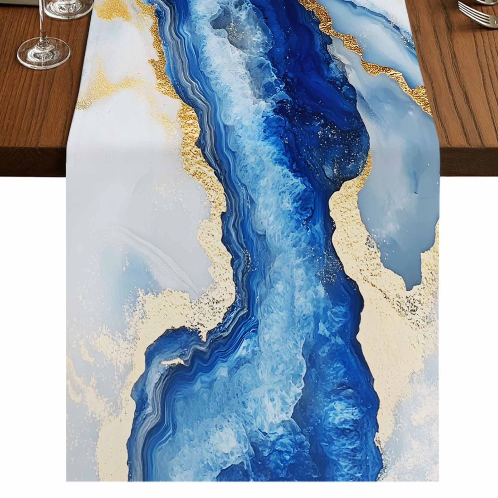 Blue White Marble 36 Inch Table Runner, Modern Art Abstract Marble ...