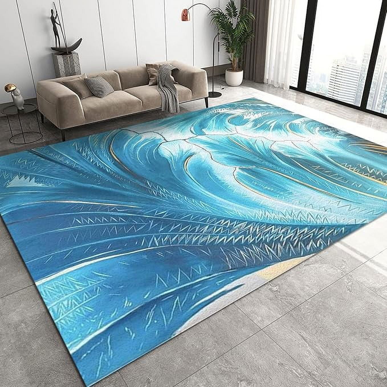 Blue White Marble Bedroom Rug, Abstract Fresh Peacock Feathers Living ...