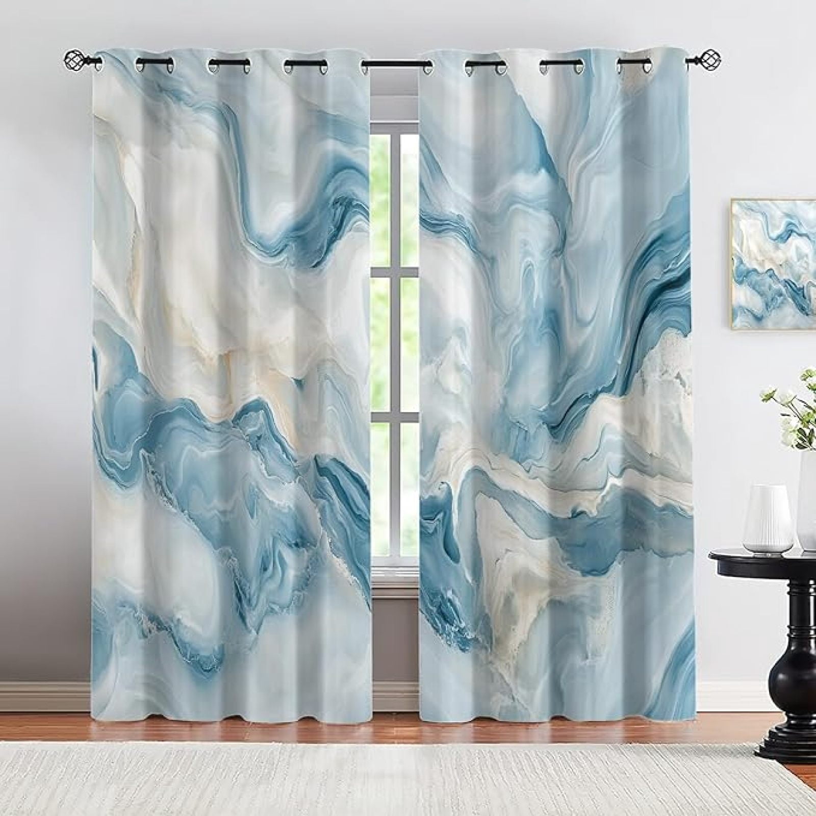 Blue And White Marble Curtain For Bedroom, Modern Water Wave 3D Printed ...