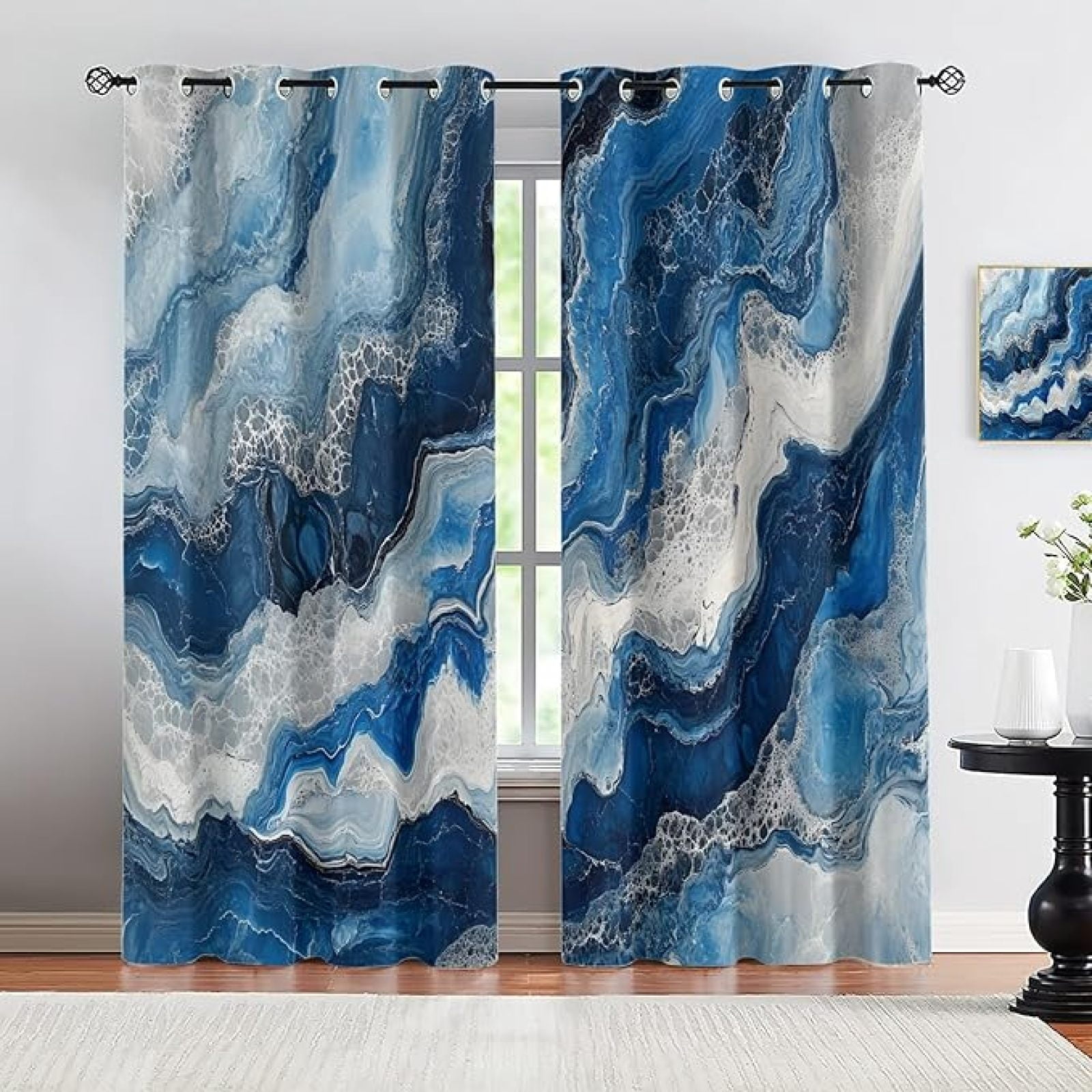 Blue And White Marble Curtain for Living Room, Modern Water Wave ...