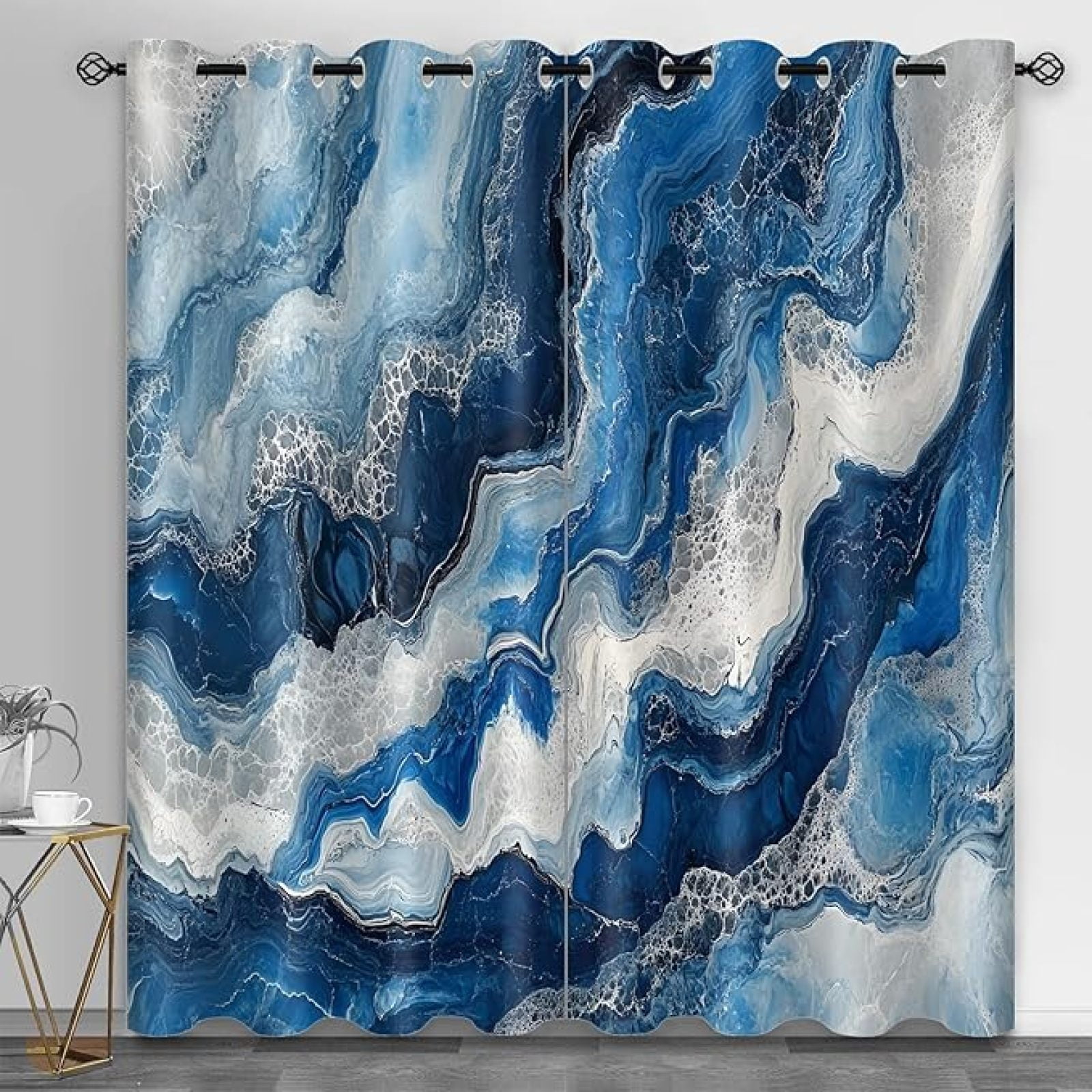 Blue And White Marble Curtain For Living Room, Modern Water Wave ...