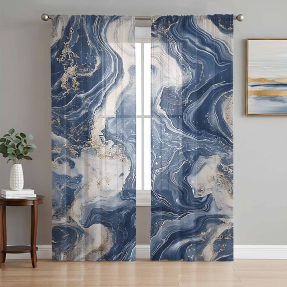 Blue White Marble Sheer Curtains 84 Inch Length 2 Panels Set, Nature ...