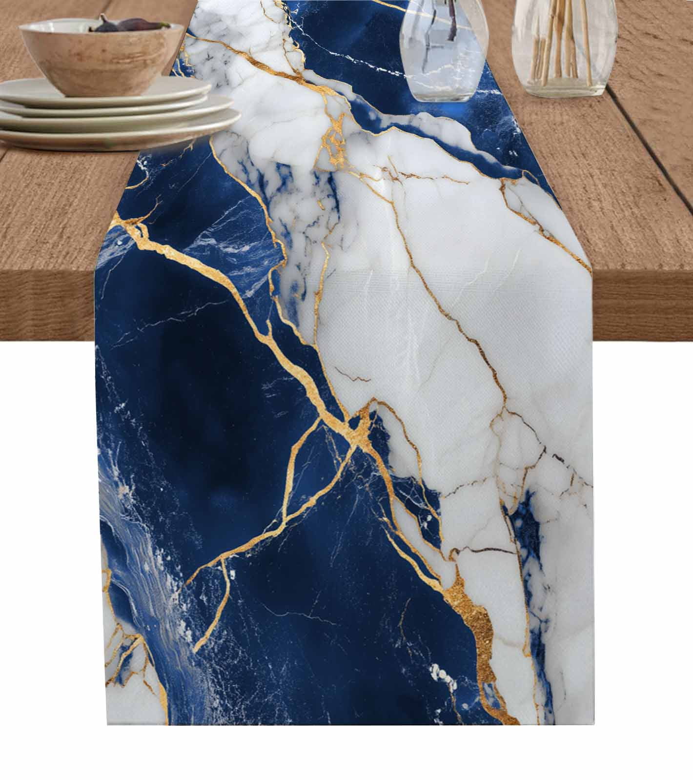 Blue White Marble Short Table Runners 48 Inches, Cotton Linen Fabric ...