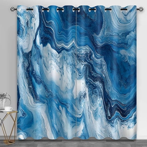 Blue And White Marble Window Curtain, Blue Wave Blackout Curtains For ...