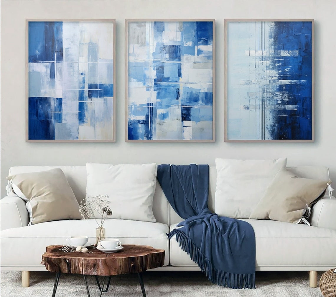 Blue White Minimal Abstract Wall Art Set 3 Stretched Canvas 12x18 ...