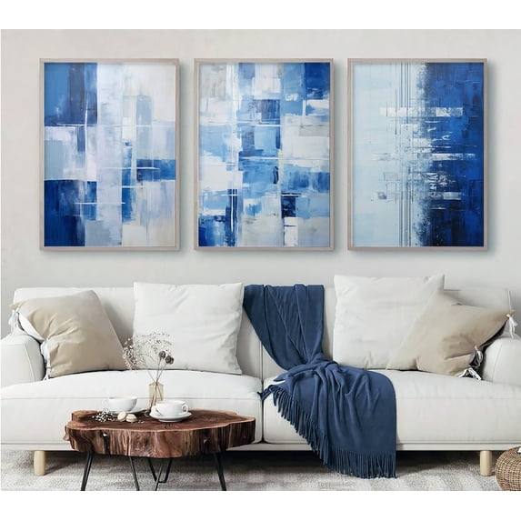 Blue White Minimal Abstract Wall Art Set 3 Stretched Canvas 12x18 ...