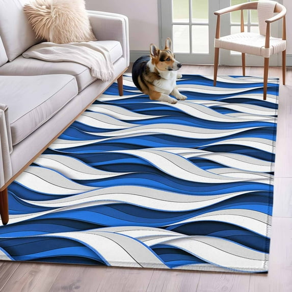 Blue White Moire Area Rug 4x6 Washable Rug Non Slip Modern Abstract Art ...