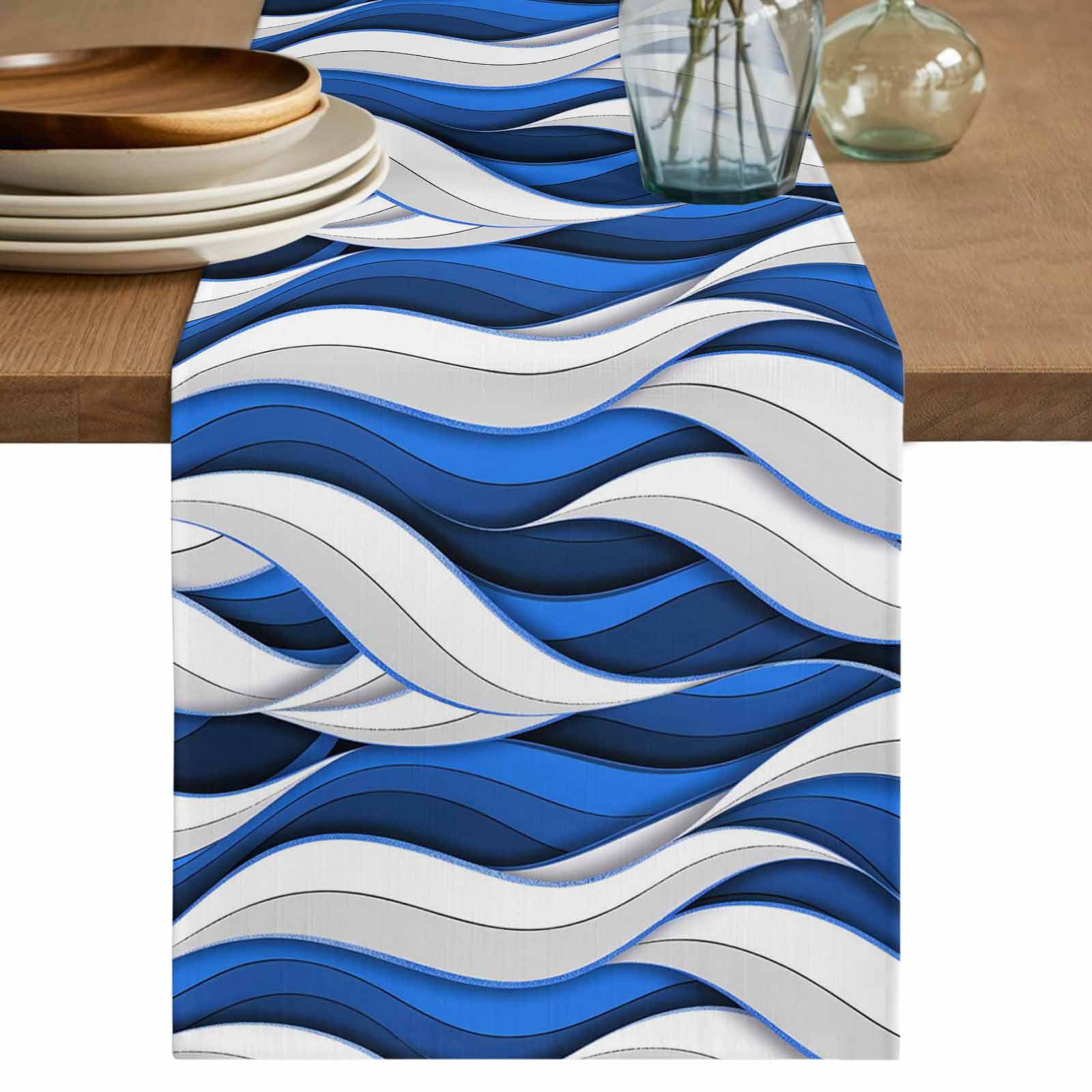 Blue White Moire Table Runner 72 Inches, Modern Abstract Art Bed Runner ...