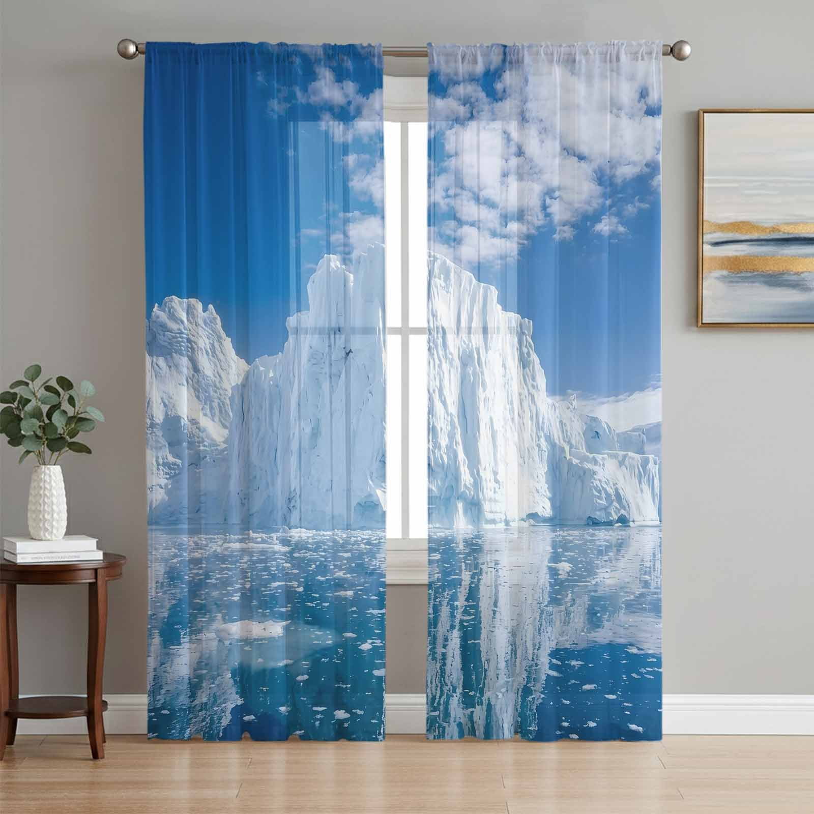 Blue White Mountains Sheer Curtains for Living Room Bedroom Modern Art ...