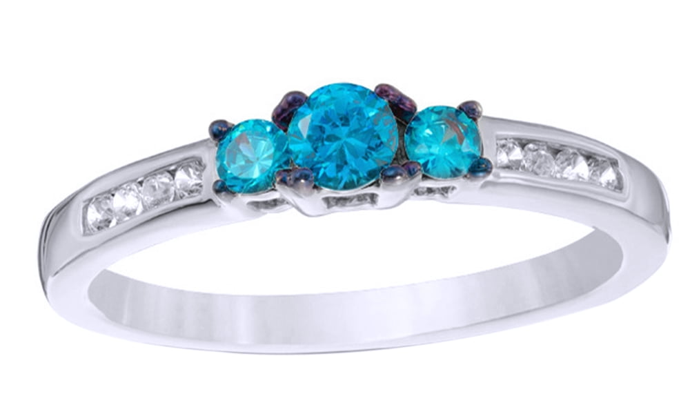 AFFY Blue & White Natural Diamond Three Stone Engagement Ring in 10k ...