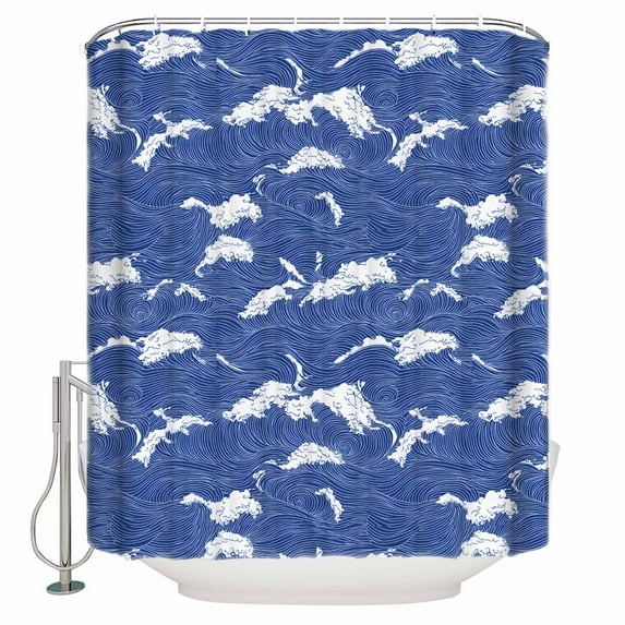 Blue White Ocean Waves Bathroom Shower Curtains with 12 Hooks Polyester ...