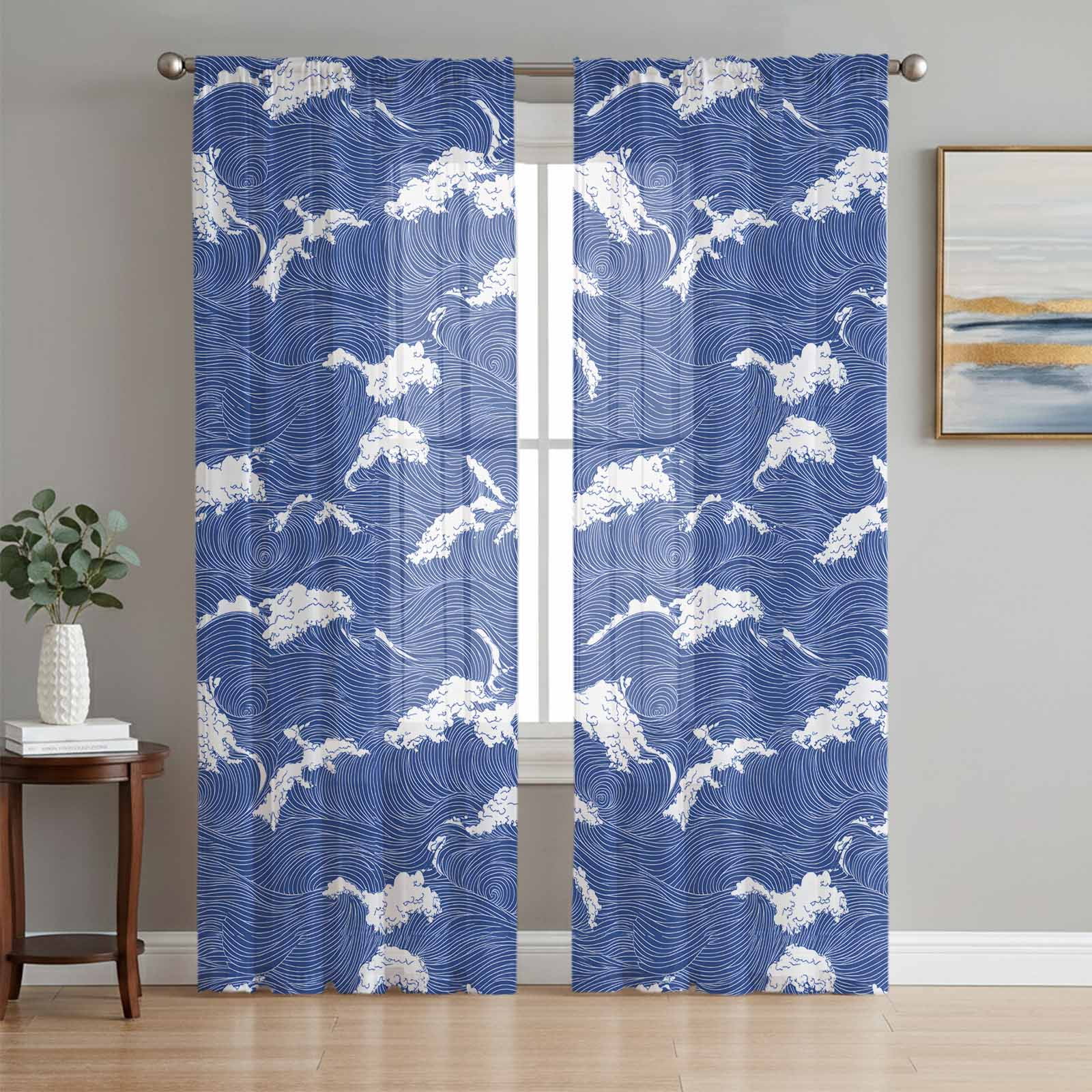 Blue White Ocean Waves Sheer Curtains 84 Inch Length 2 Panels Set ...