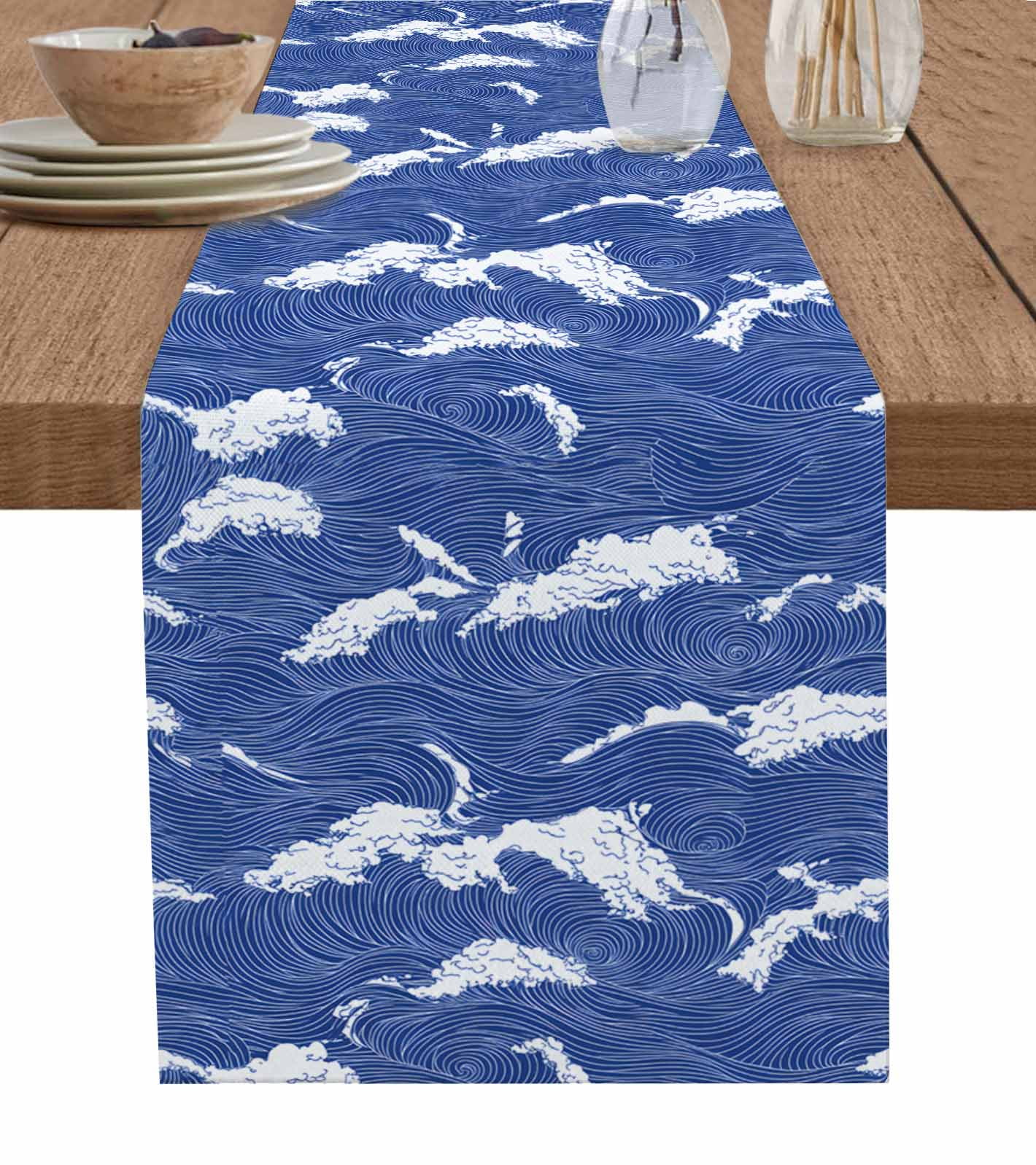 Blue White Ocean Waves Table Runner 70 Inches, Coastal Abstract Art Moire Bed Runner Dresser ...