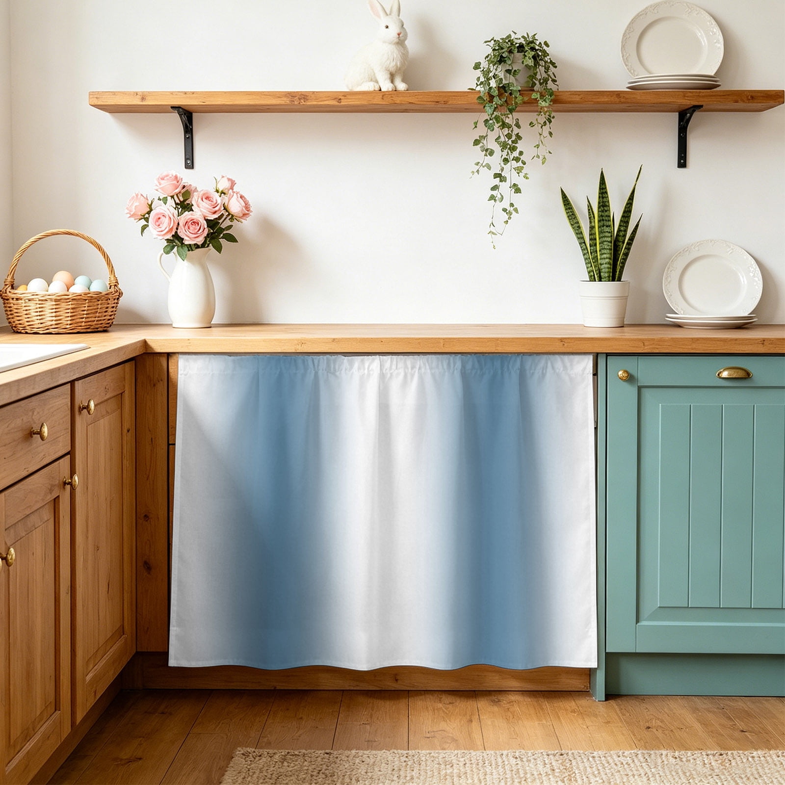 Blue White Ombre Cabinet Curtain 28"Wx35"L,Dustproof Under Sink Skirt W ...