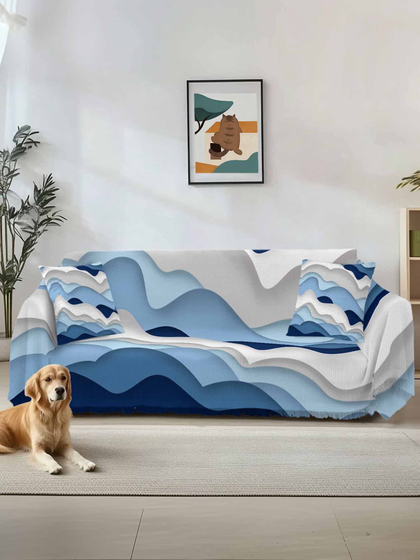 Blue White Ombre Couch Cover for 2 Cushion Couch, Modern Geometric ...