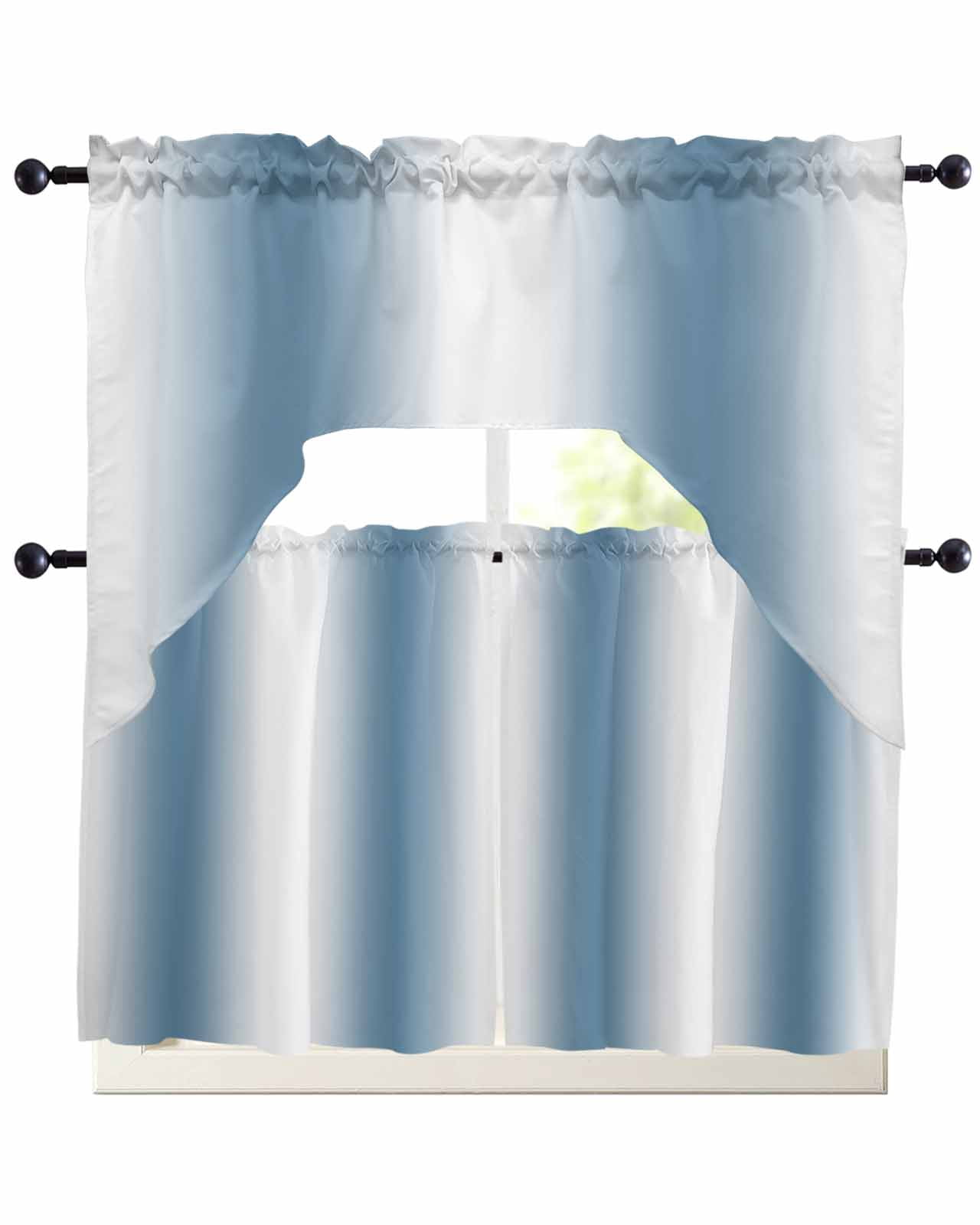 Blue White Ombre Kitchen Curtain and Valance Set 3 Pieces,Rod Pocket ...