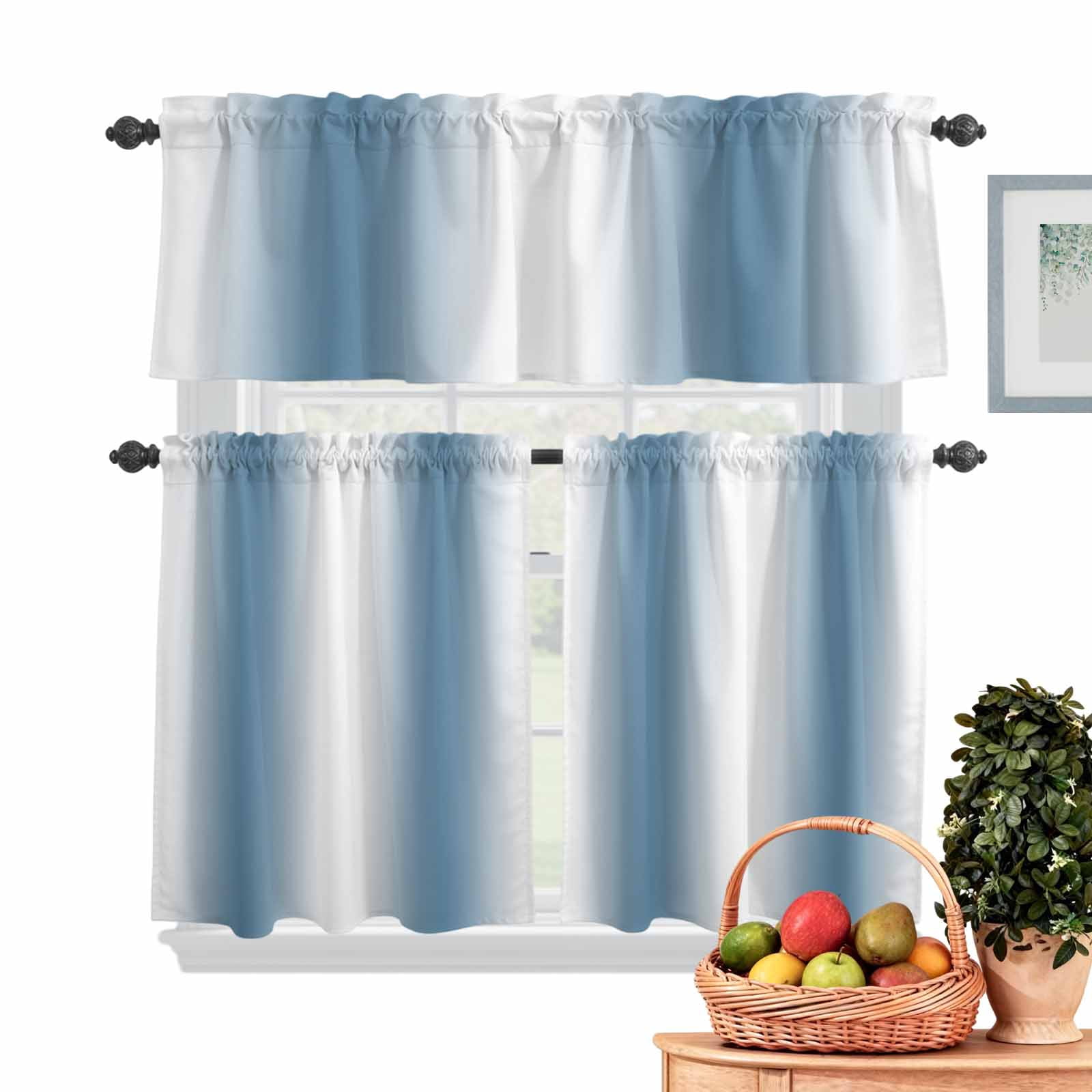 Blue White Ombre Kitchen Curtains Valances 3 Piece Set, Gradient Color ...