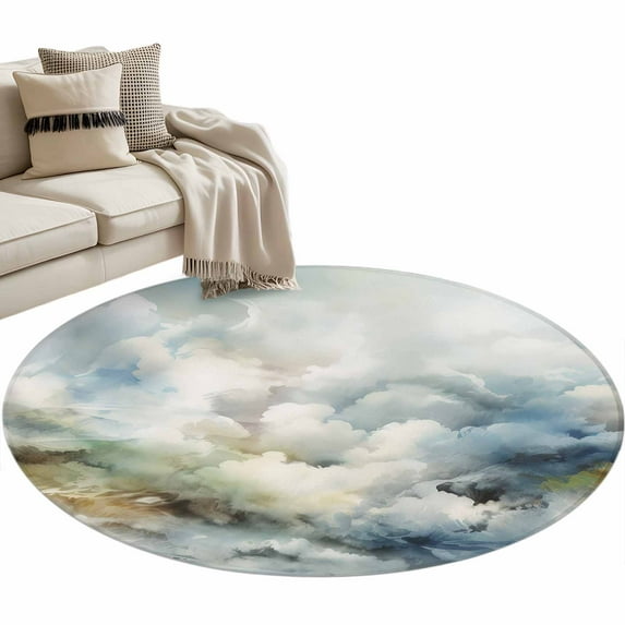 Blue White Ombre Round Area Rug 4ft, Watercolor Cloud Geometric Abstract Art Washable Non-Slip ...