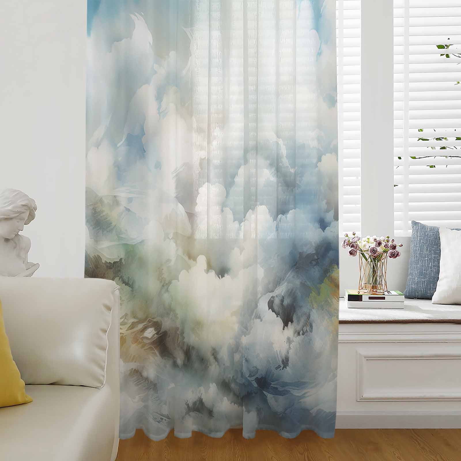 Blue White Ombre Sheer Curtains 63 Inch Length, Light Filtering Voile ...