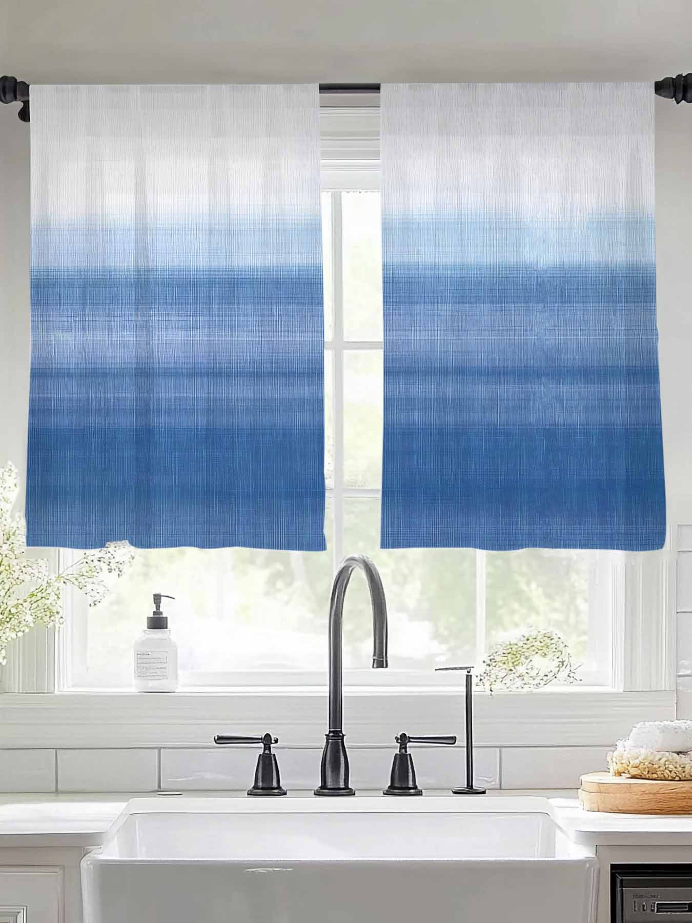 Blue White Ombre Sheer Curtains for Living Room Bedroom Modern Abstract Striped Lines Art Sheer ...