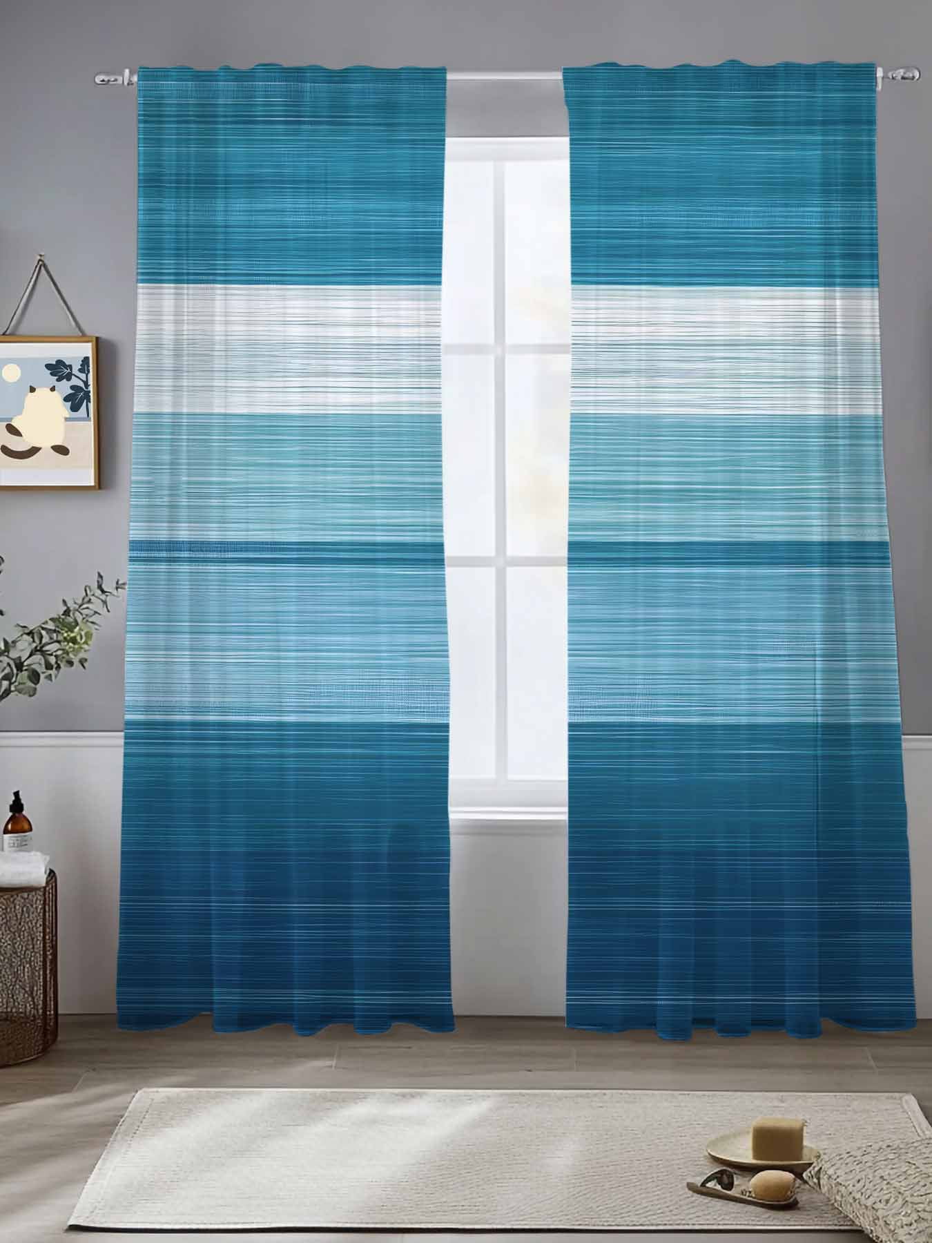 Blue White Ombre Sheer Curtains for Living Room Bedroom Modern Gradient Abstract Aesthetic Sheer ...