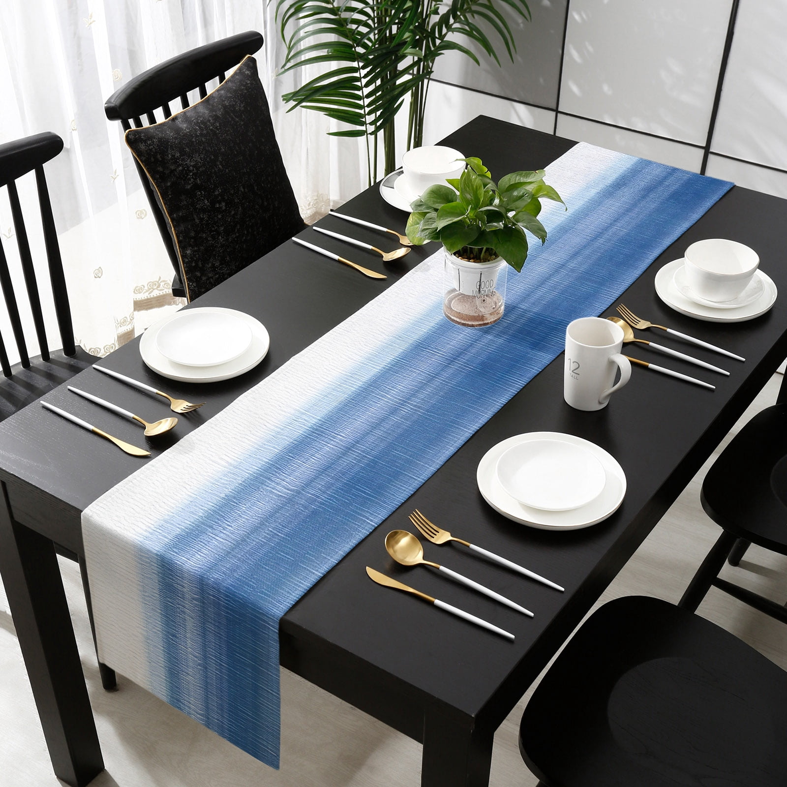 Blue White Ombre Table Runner 90 Inches Long - Modern Abstract Striped ...