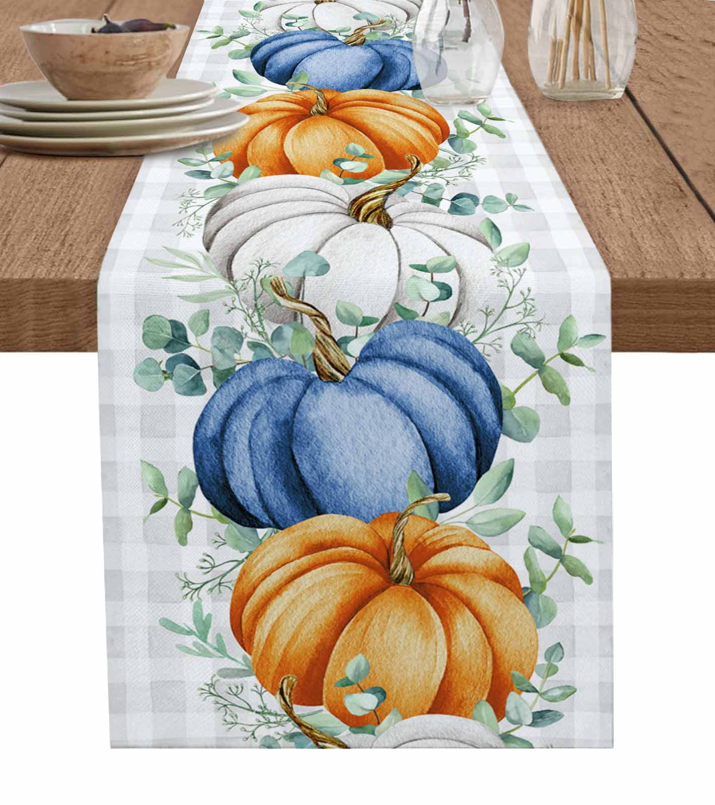 Blue White Orange Fall Burlap-Cotton Table Runner 70 Inches Long ...