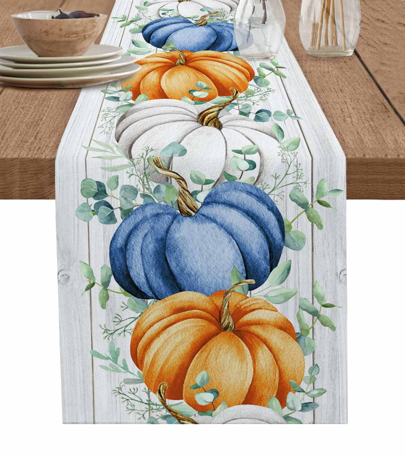 Blue White Orange Fall Burlap-Cotton Table Runner 72 Inches Long ...