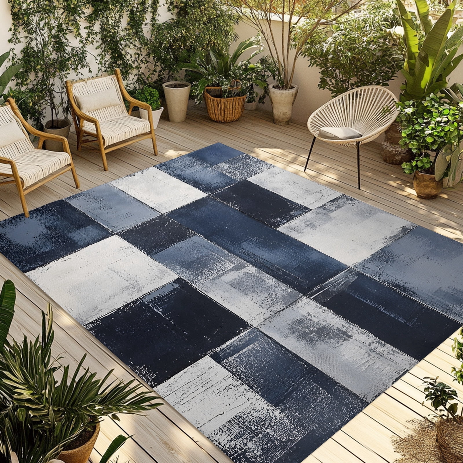 Blue White Outdoor Rug, Geometric Abstract Graffiti Color Block Modern ...