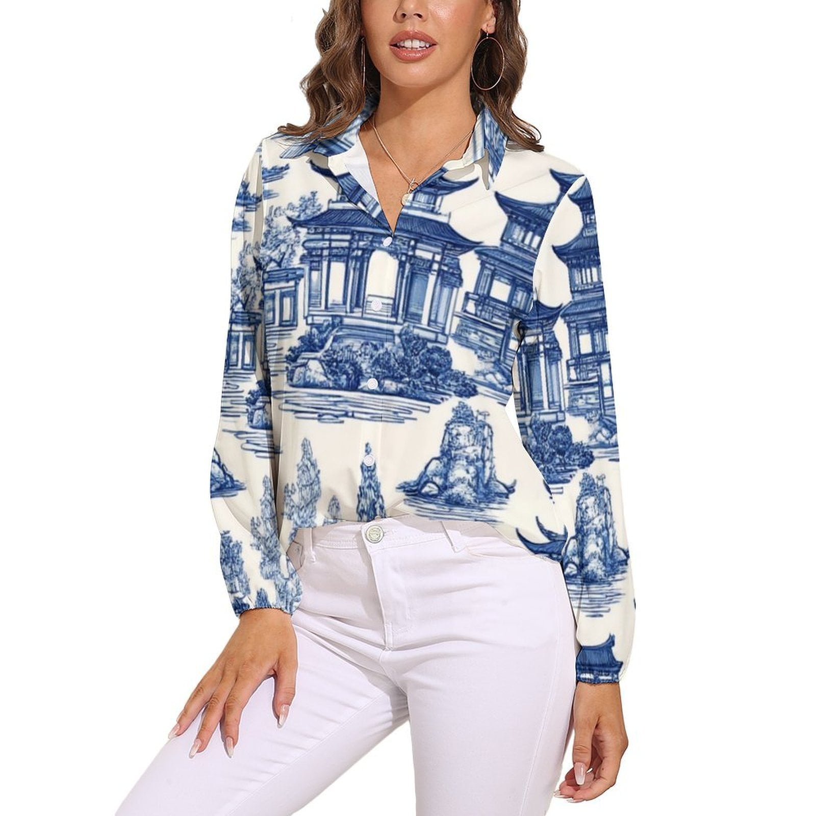 Blue White Pagoda Scenery Vntage Casual Long Sleeve Shirt Blouse Woman ...