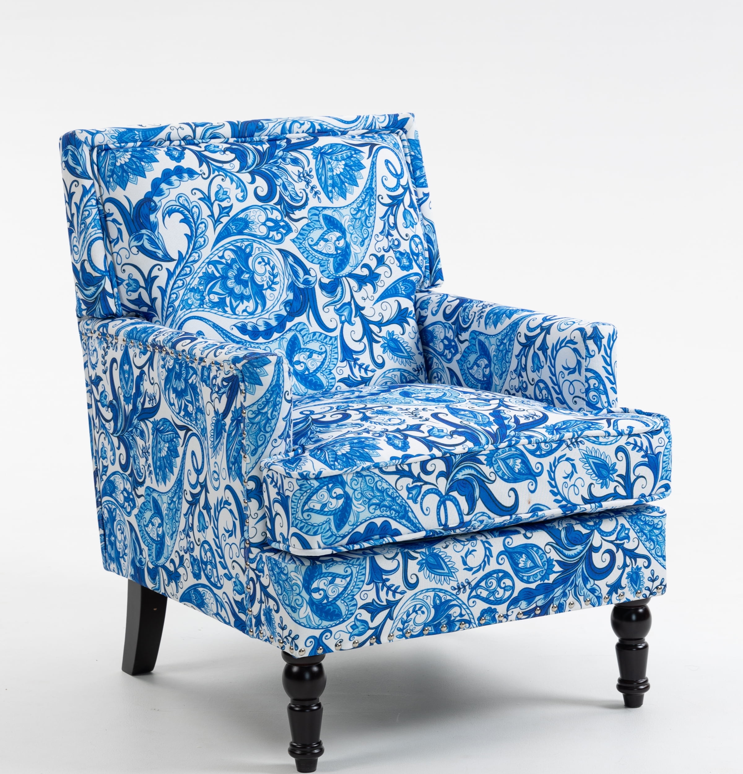Blue & White Paisley Upholstered Accent Chair-Living Room Club Chair ...