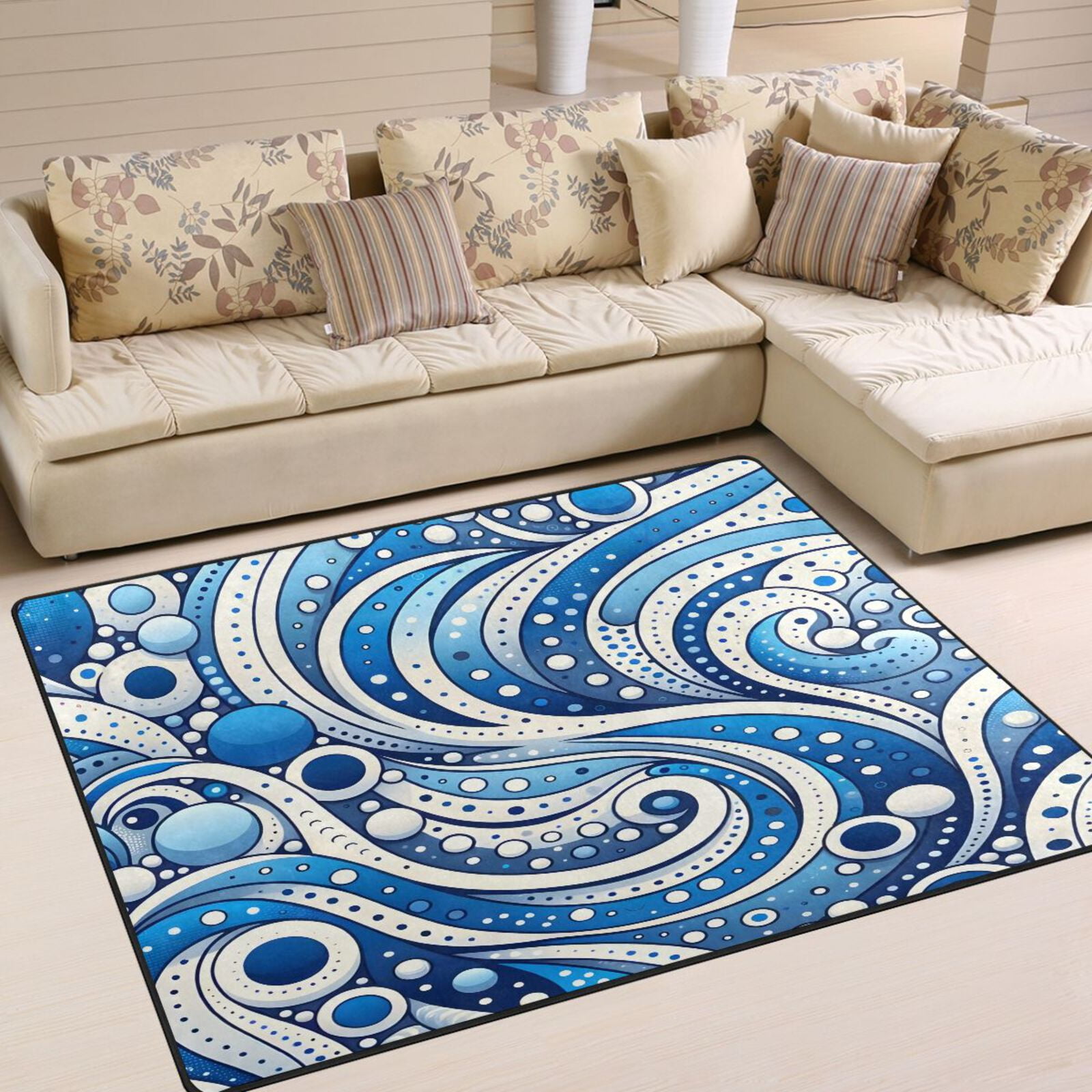 Blue White Partern Area Rug Washable 80 x 58 Floor Carpet Mat Non Slip ...