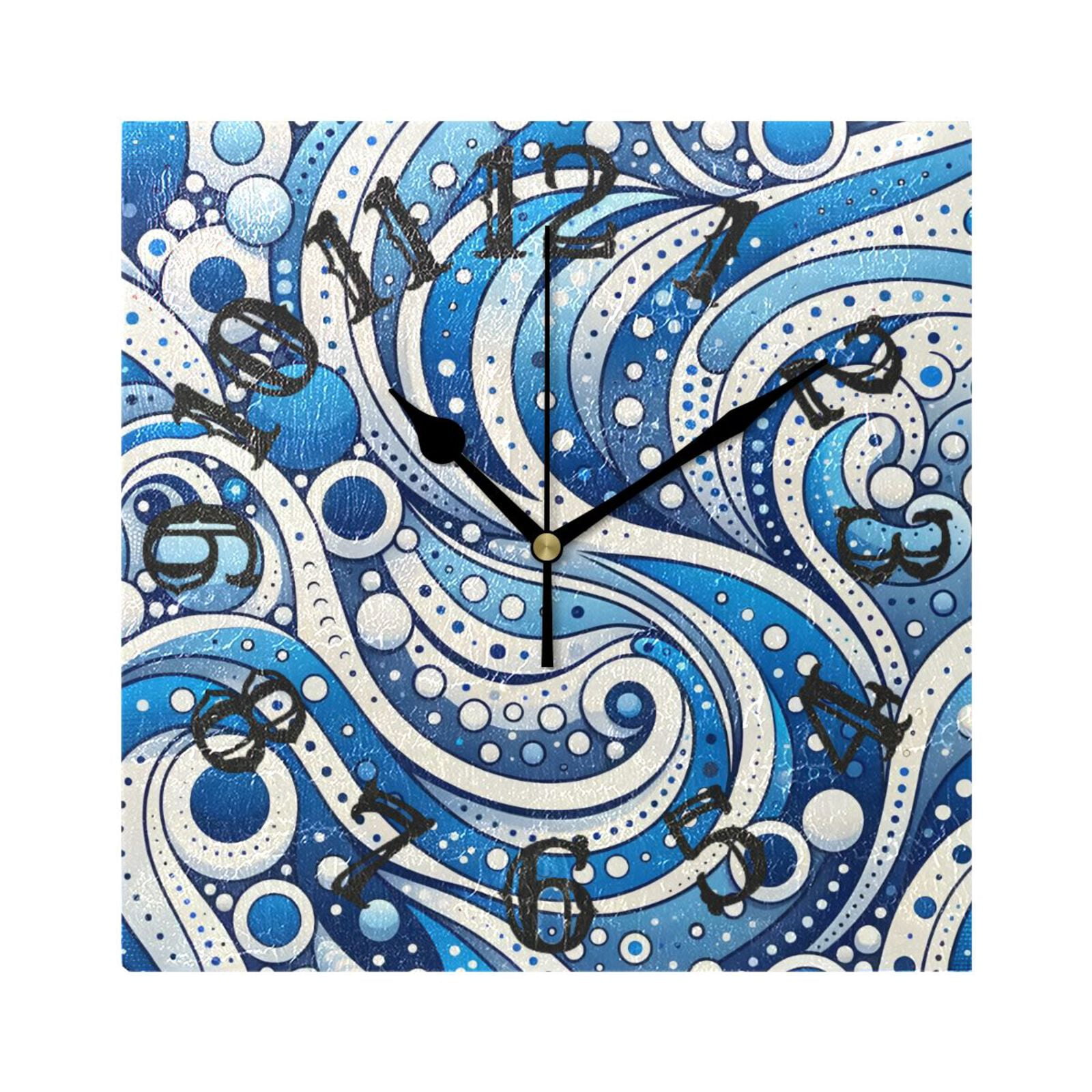 Blue White Partern Wall Clock Square Silent Non Ticking Battery ...