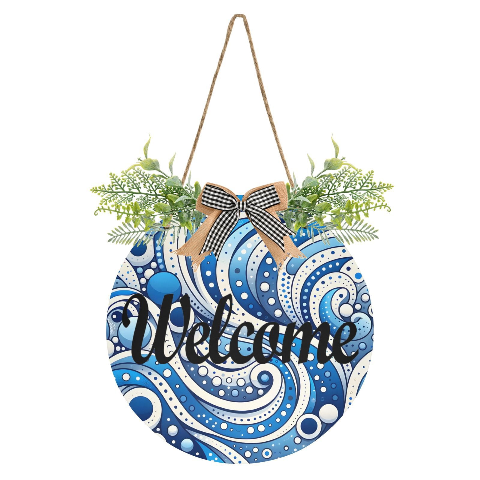 Blue White Partern Welcome Sign for Front Door Wreath Door Sign for ...