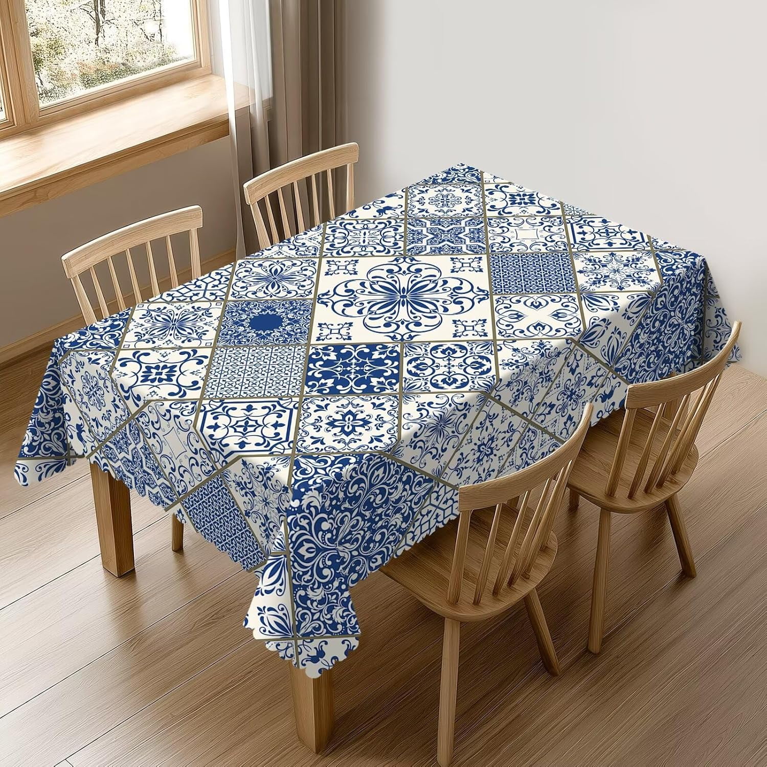 Blue White Patchwork Tile Rectangle Table Cloths for Dining Tables ...