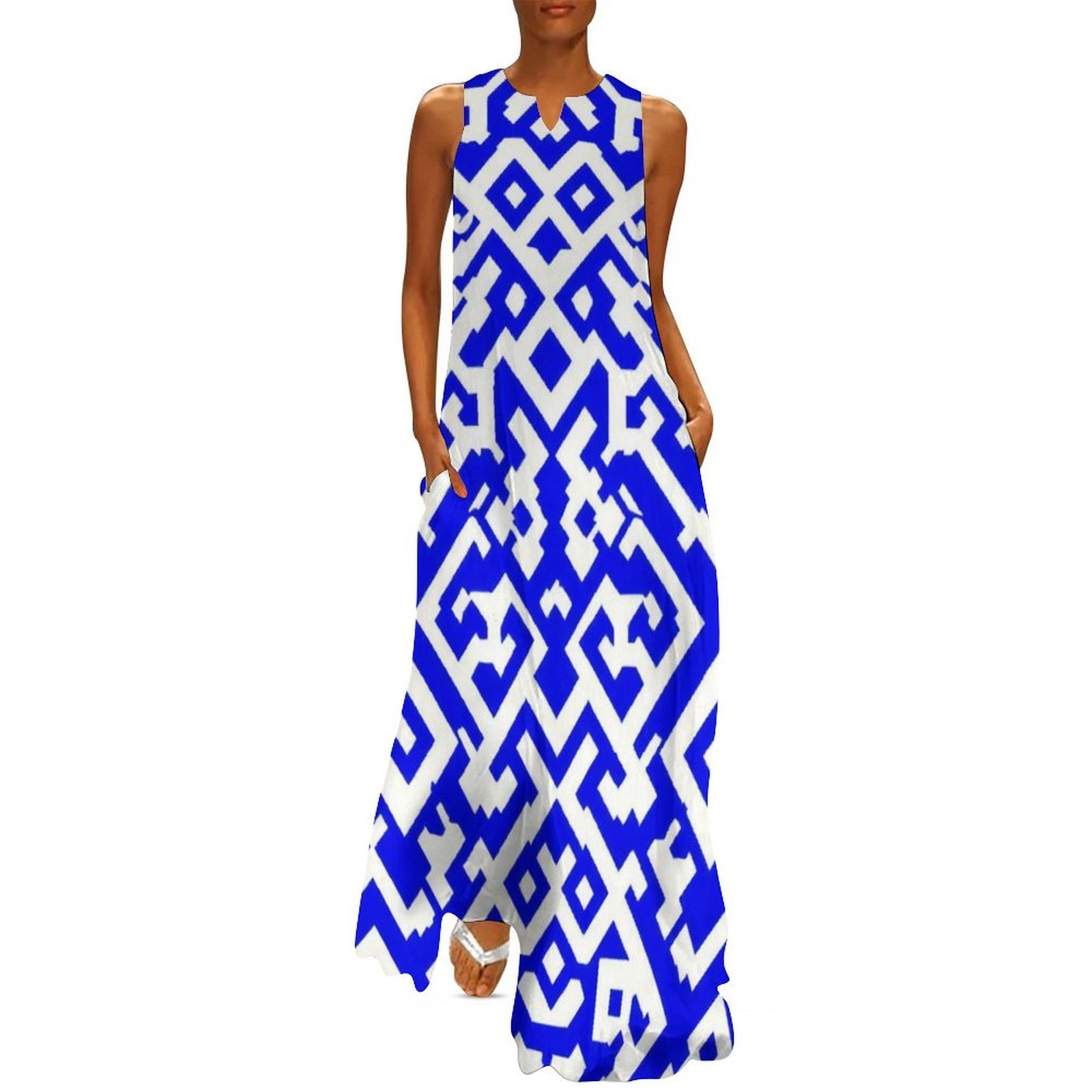 Blue White Pattern Greek Key Pattern Long Dress dress women summer ...