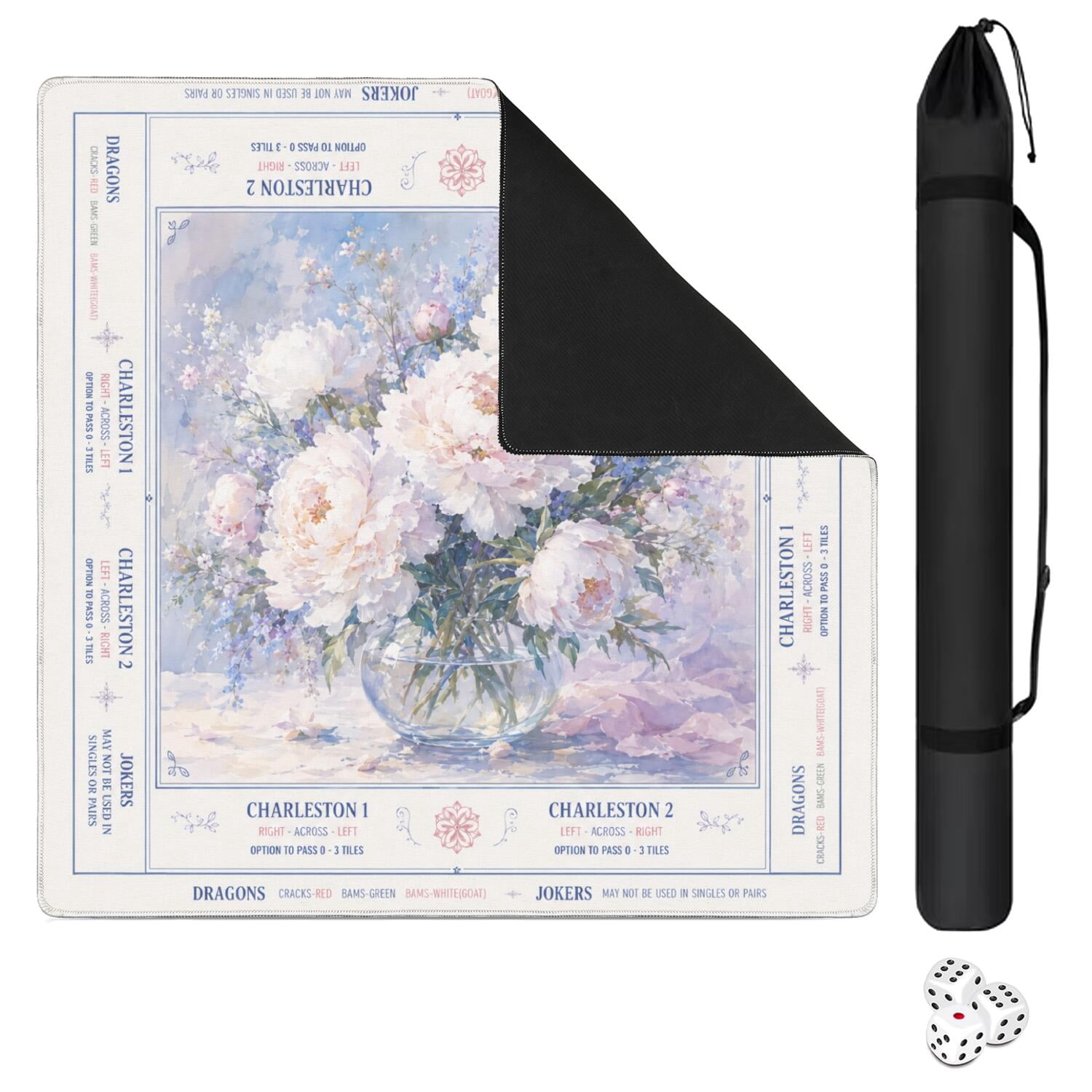 Blue White Peony Bouquet Watercolor Mahjong Mat 31.5 x 31.5in Non-Slip ...