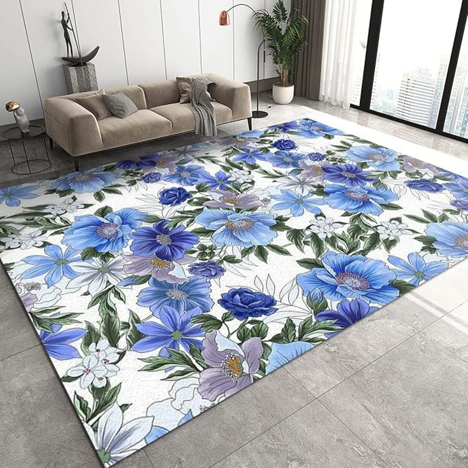 Blue And White Peony Orchid Area Rugs, Modern 3D Green Leaves Plant ...