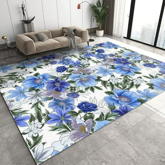 Blue And White Peony Orchid Area Rugs, Modern 3D Green Leaves Plant ...