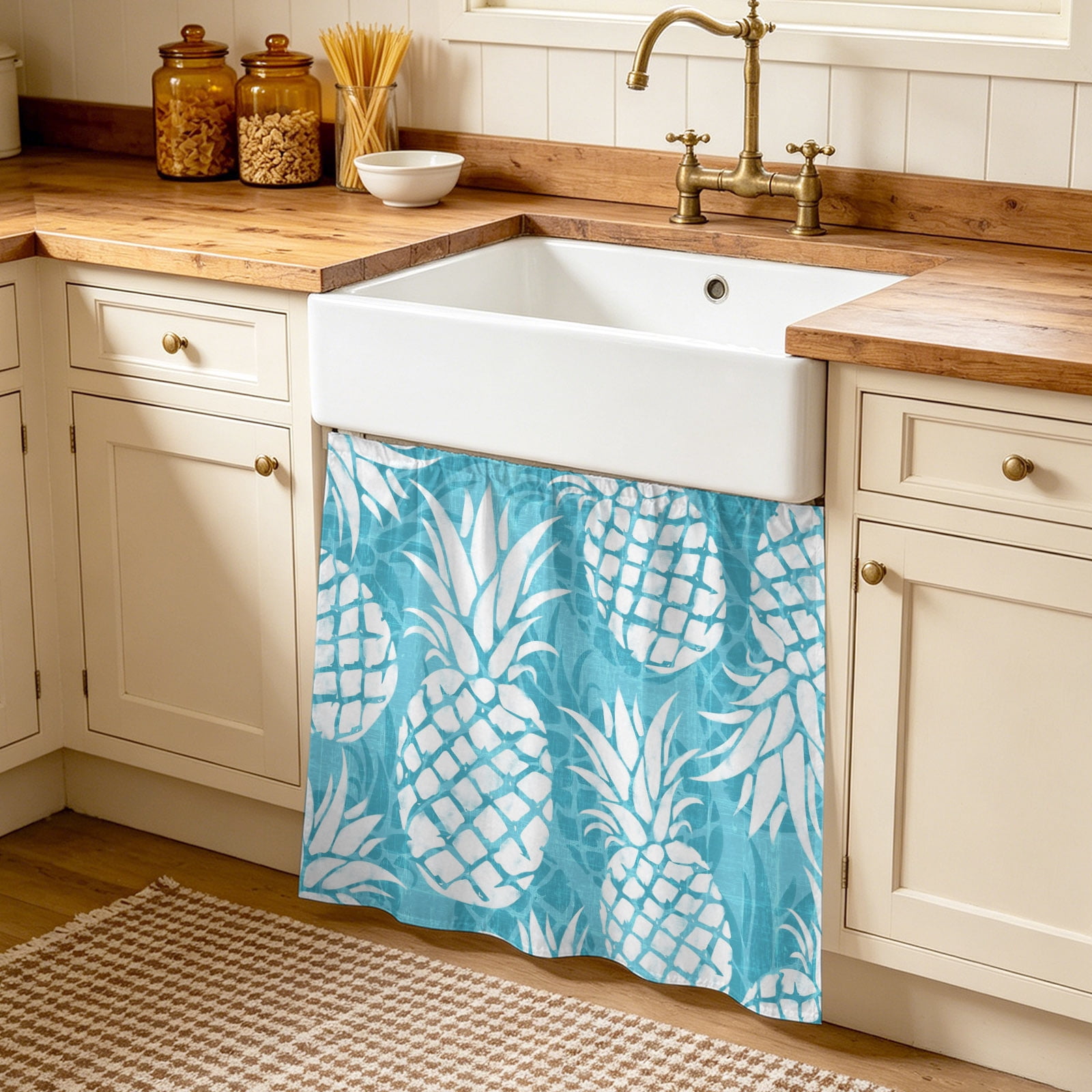Blue White Pineapple Cabinet Curtains 35"W x 35"L, Tropical Summer ...