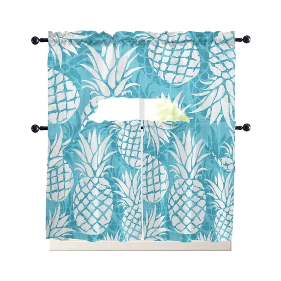 Blue White Pineapple Kitchen Curtains Set for Windows 3 Piece Cafe ...