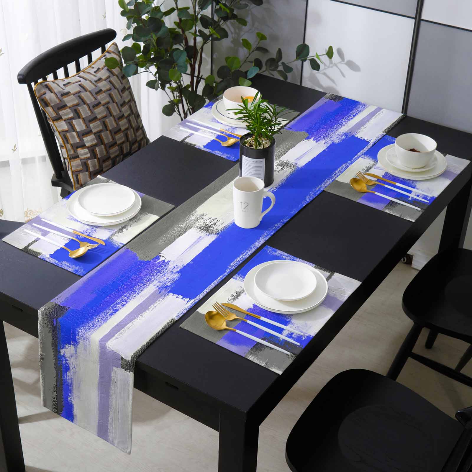 Blue White Placemats Set of 6 with 72 Inches Long Table Runner,Abstract ...