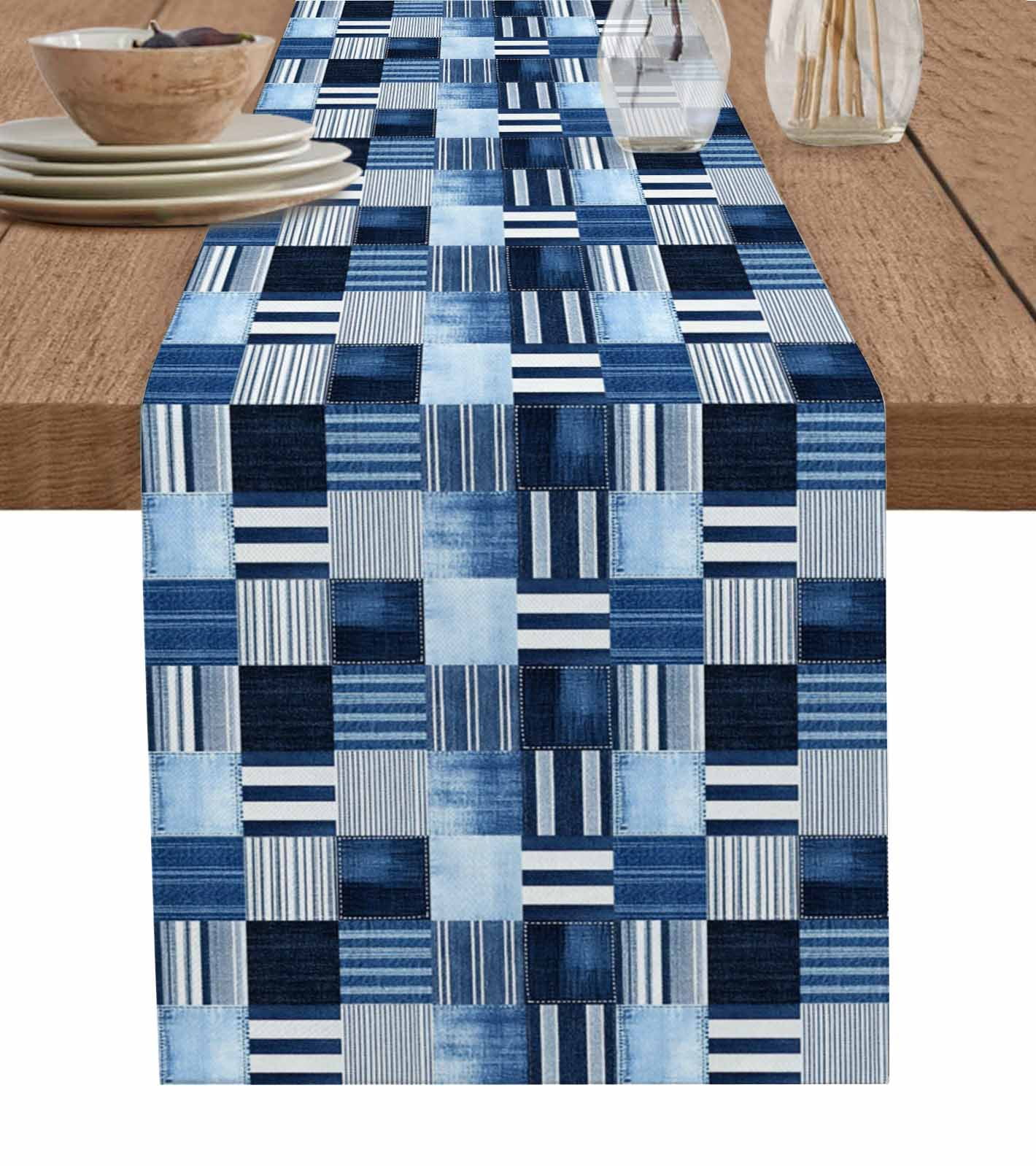 Blue White Plaid Burlap Cotton Table Runner 13x90 Inches Long, Modern ...