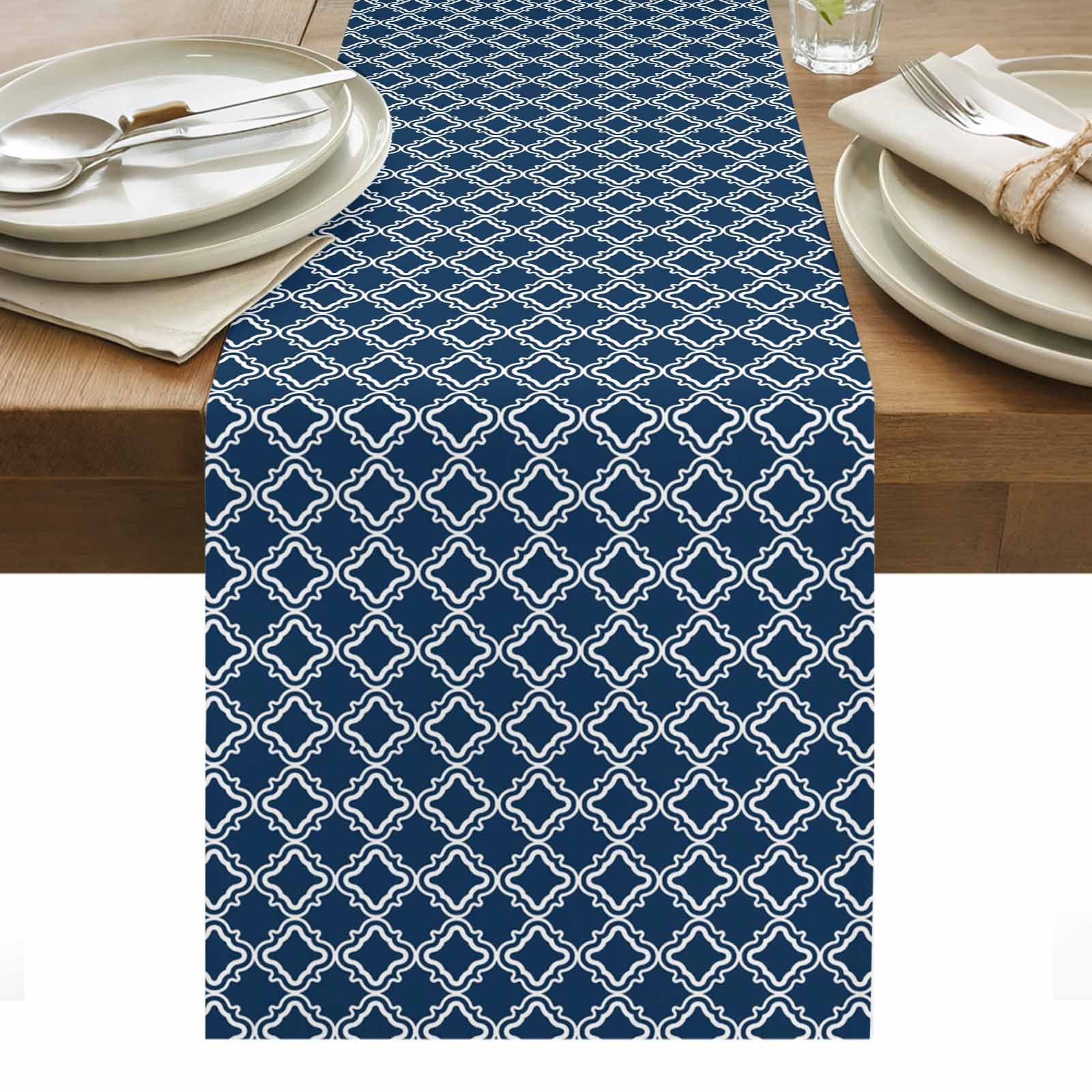 Blue White Plaid Cotton Linen Table Runner Abstract Blue Morocco ...