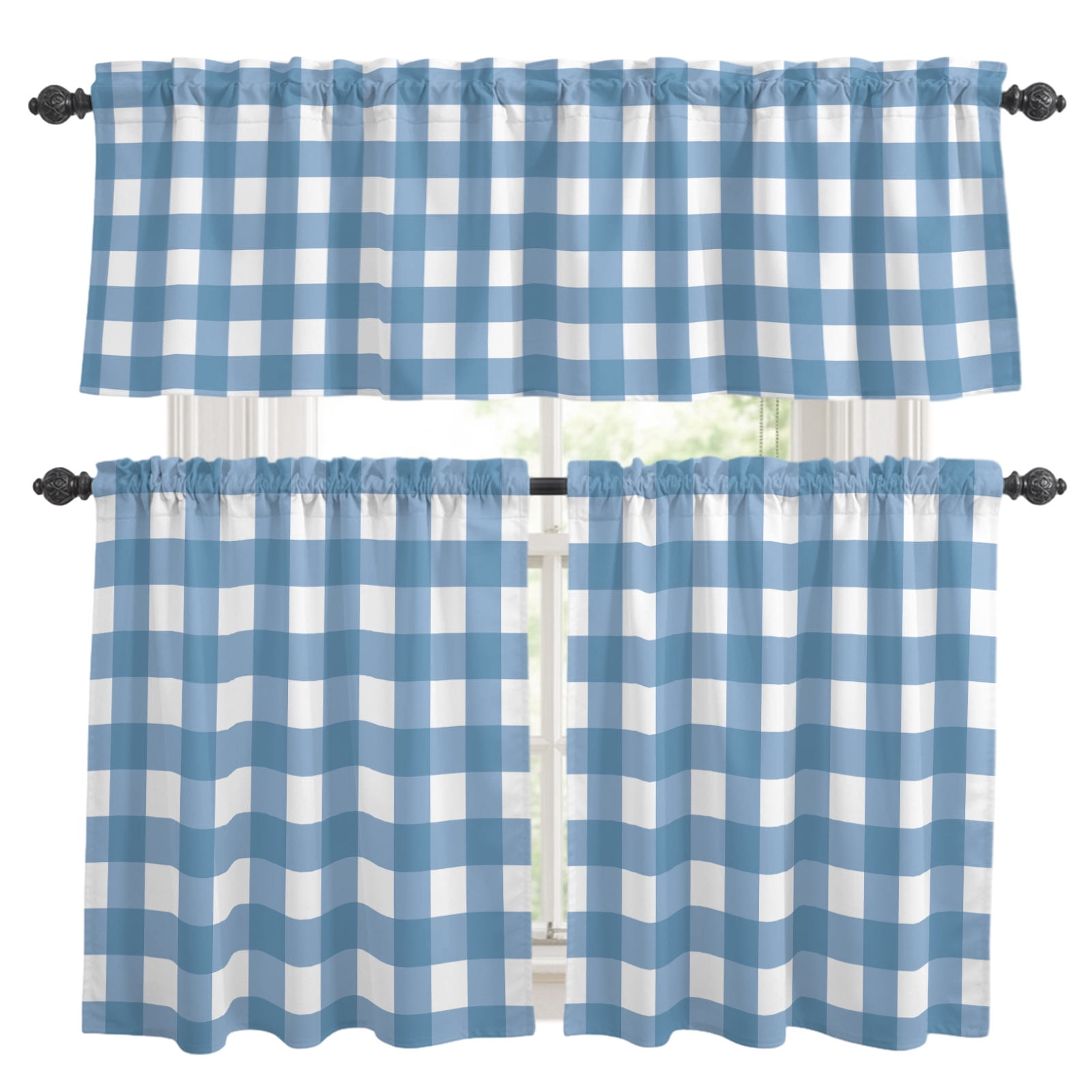 Blue White Plaid Kitchen Curtains,Kitchen Curtains and Valances Set of ...