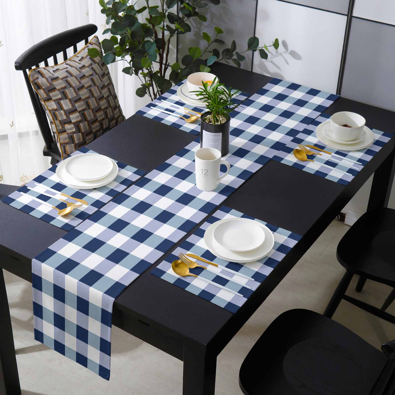 Blue White Plaid Placemats Set of 6 with 70 Inches Long Table Runners ...